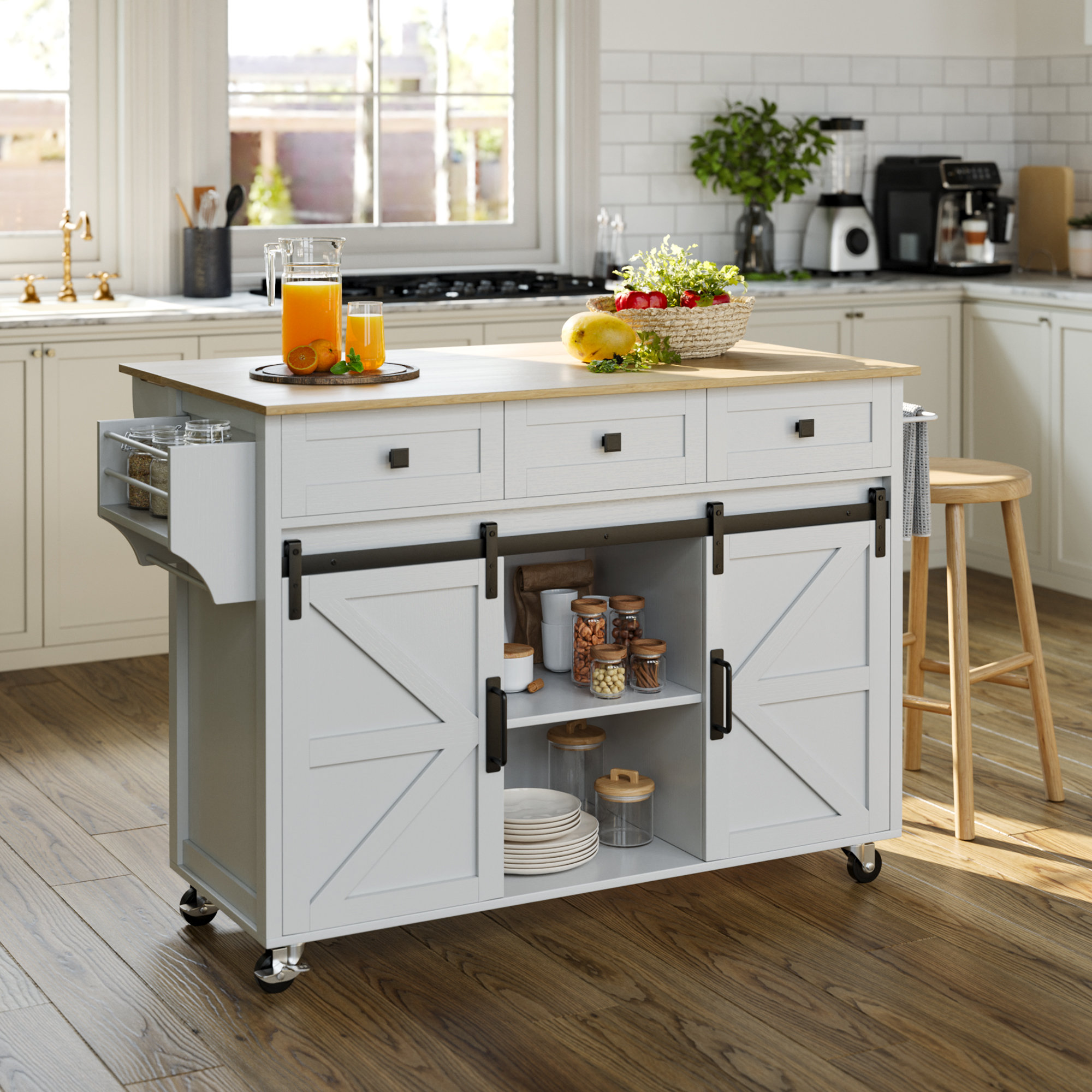 Gracie Oaks 47.2" Farmhouse Style Kitchen Island With Locking Wheels And Side Shelves - Wayfair ...